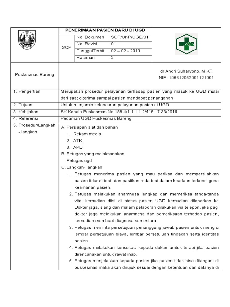 Sop Penerimaan Pasien Baru Di Ugd | PDF