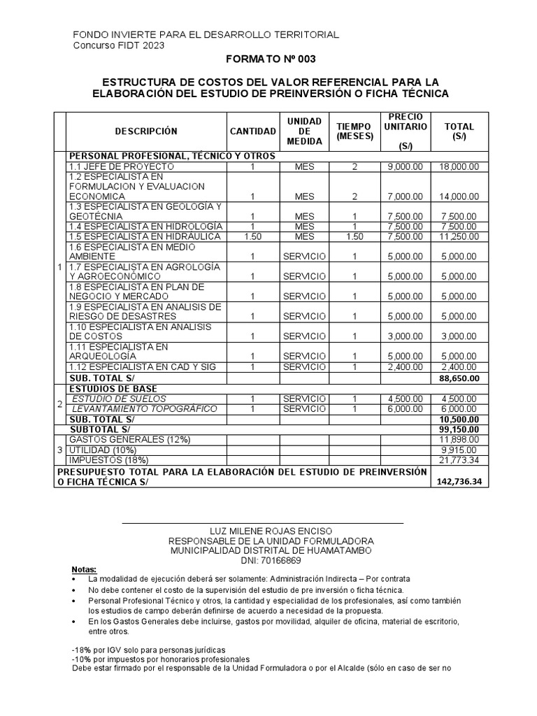 FORMATO Nº003 Estructura de Costos-Ficha Técnica | PDF