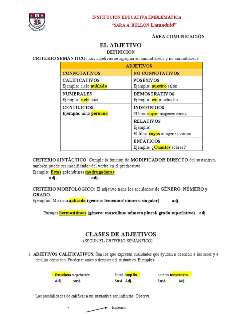 3° El Adjetivo. Definición y Clases | PDF | Adjetivo | Numero Gramatical