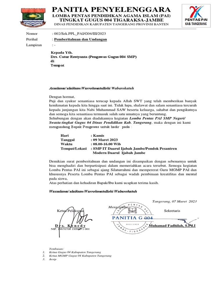 Undangan Lomba Pentas PAI 2023 Pengawas | PDF