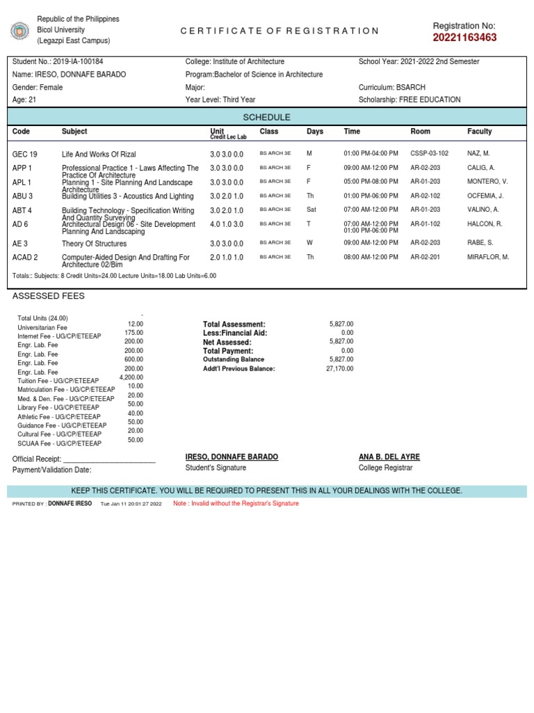 Certificate of Registration Registration No:: Code Subject Unit Class ...