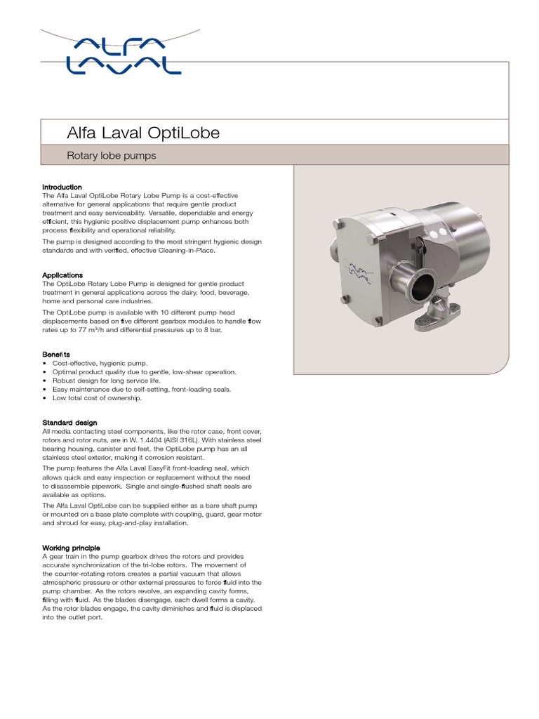 Optilobe Rotary Lobe Pump Product Leaflet | PDF | Pump | Electric Motor