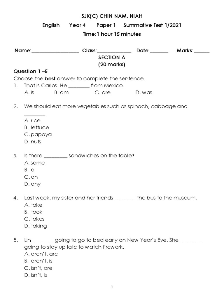 English Year 4 Paper 1 Summative Exam 2021 | PDF