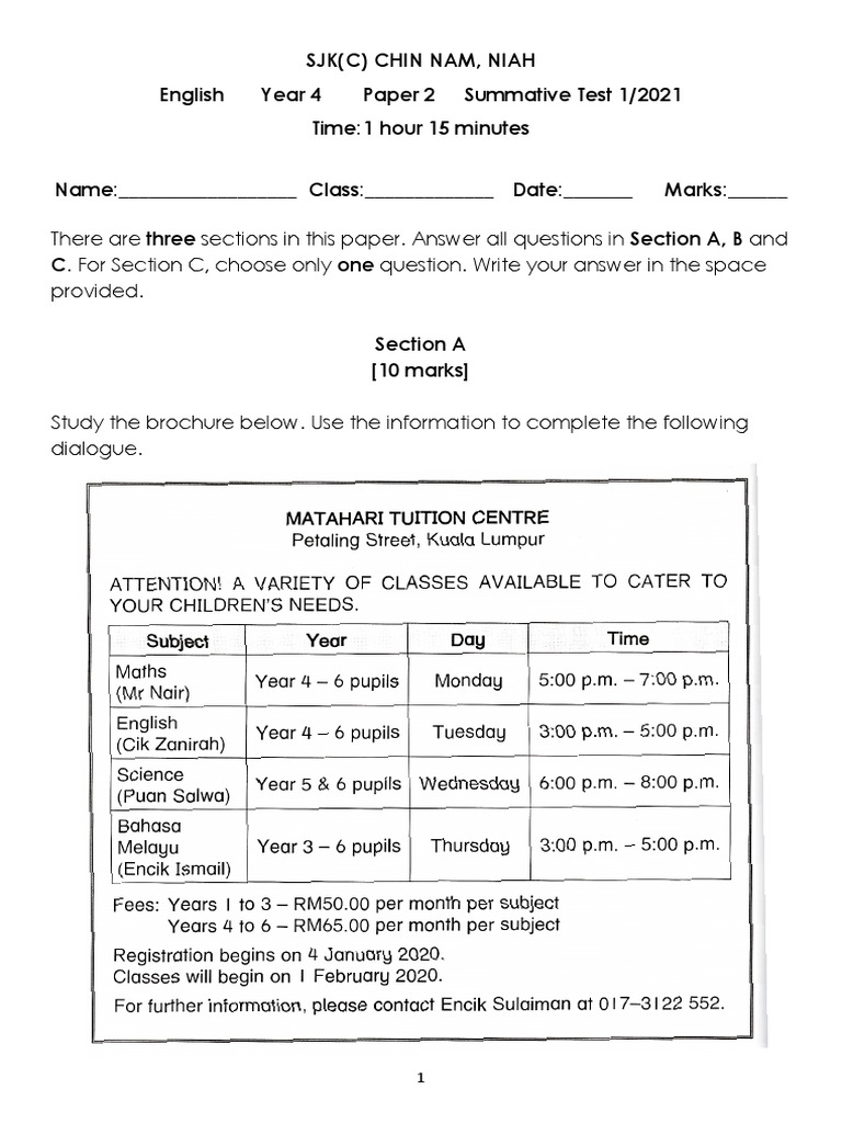 English Year 4 Paper 2 Summative Exam 2021 | PDF | Tests
