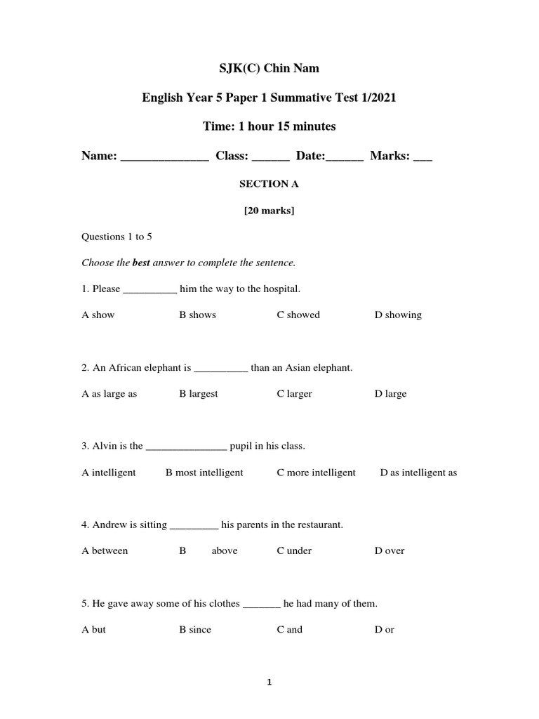 Year 5 English Test Paper 2021 | PDF | Rhinoceros | Poaching