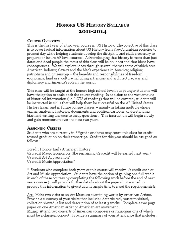 Honors US History Syllabus | PDF | Advanced Placement | Test (Assessment)