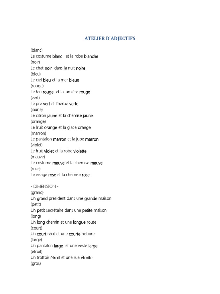 Atelier des adjectifs en français | PDF | Bleu