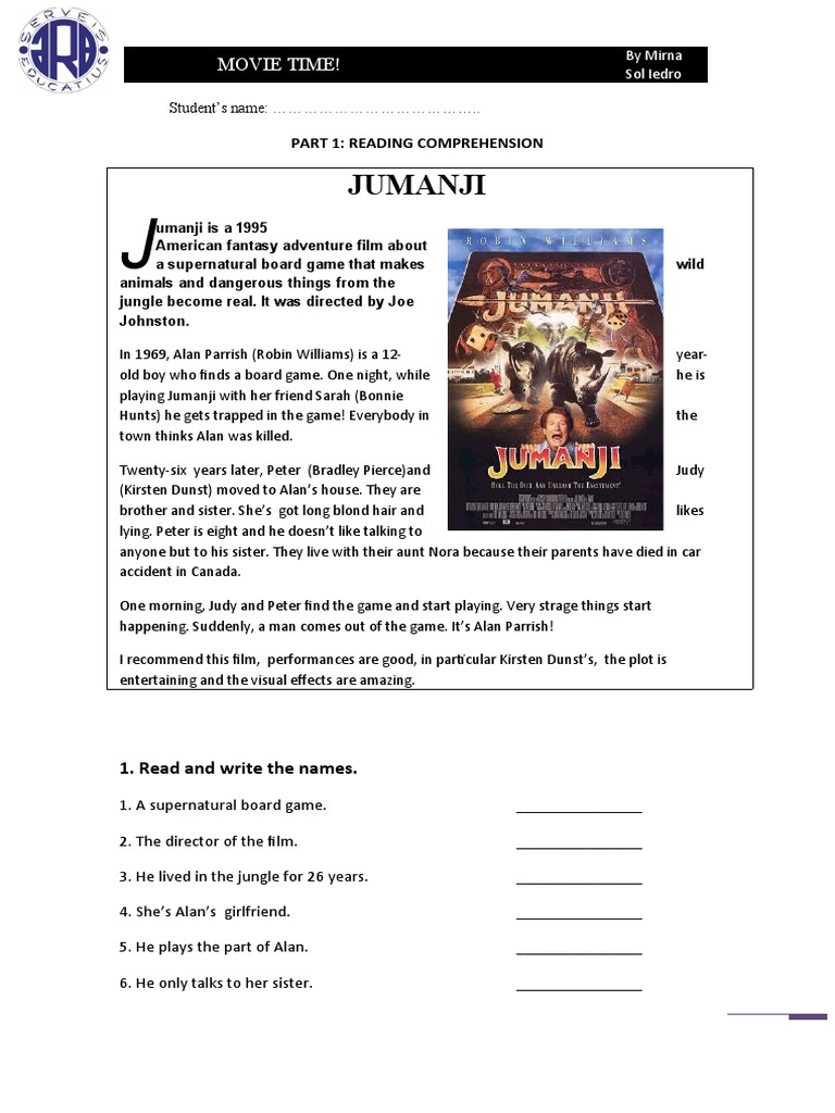 Jumanji Movie Worksheet Kids | PDF