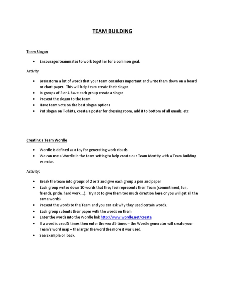 Team Building Activities Examples 2014 | PDF