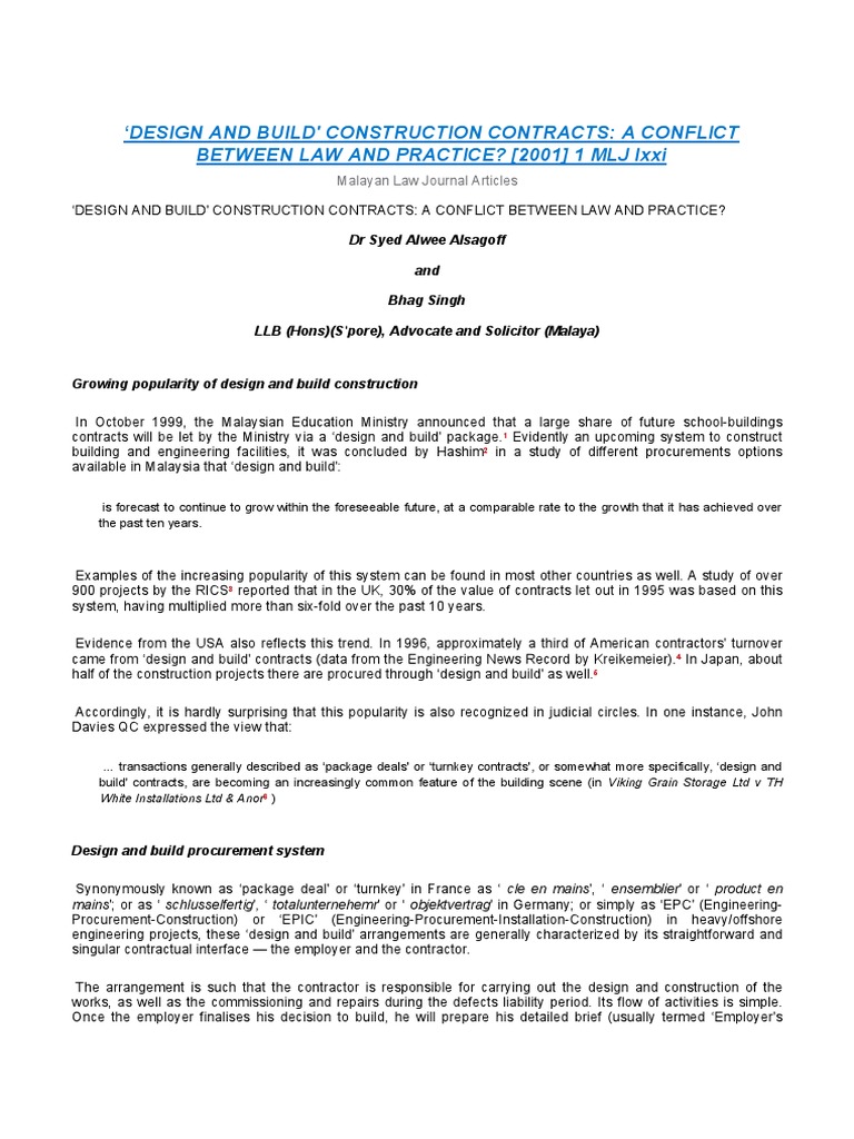 'Design & Build' Construction Contracts - A Conflict Between Law ...