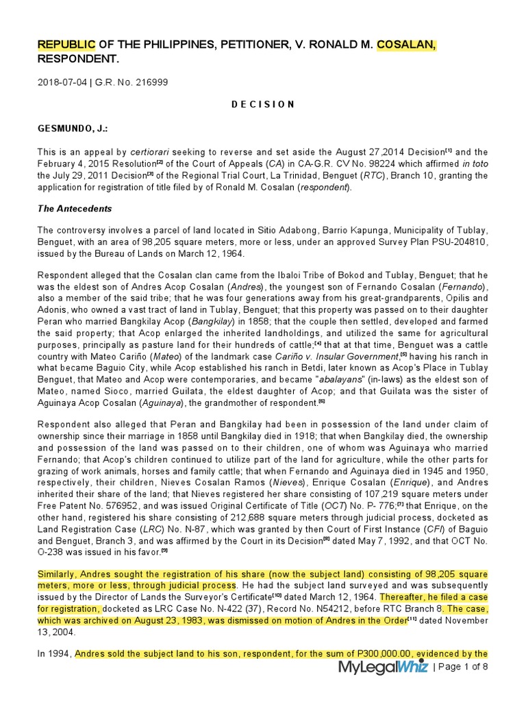 1.) Republic of The Philippines Vs Cosalan | PDF | Adverse Possession ...
