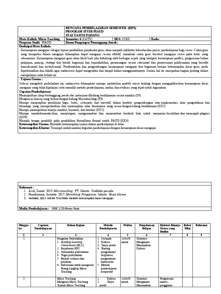 Rencana Pembelajaran Micro Teaching PIAUD | PDF