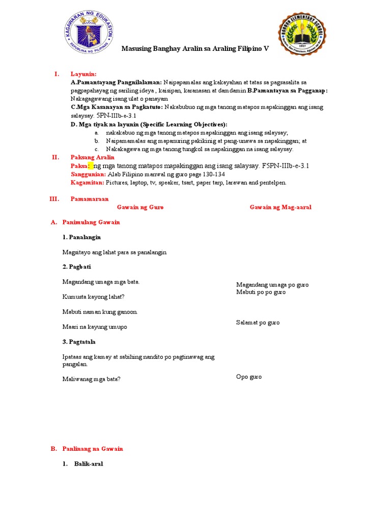 LP in Filipino 5 q3 Week 2 Day 2 | PDF