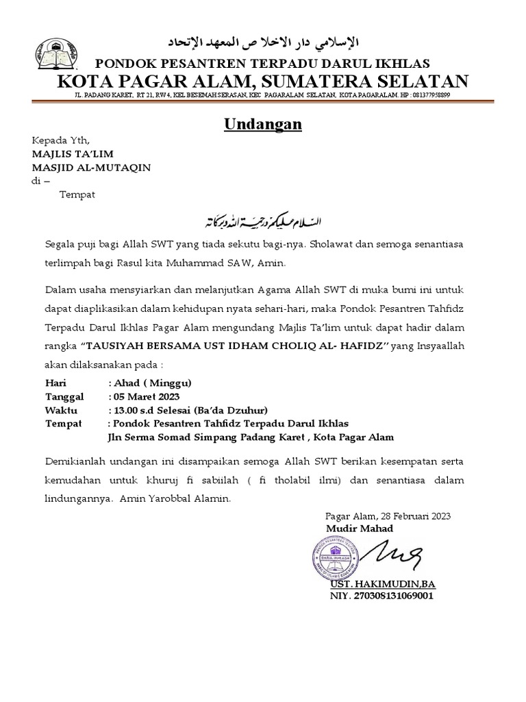 Undangan Tausiyah di Darul Ikhlas | PDF