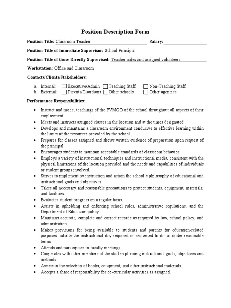 Position Description Form - Teacher | PDF | Teachers | Schools