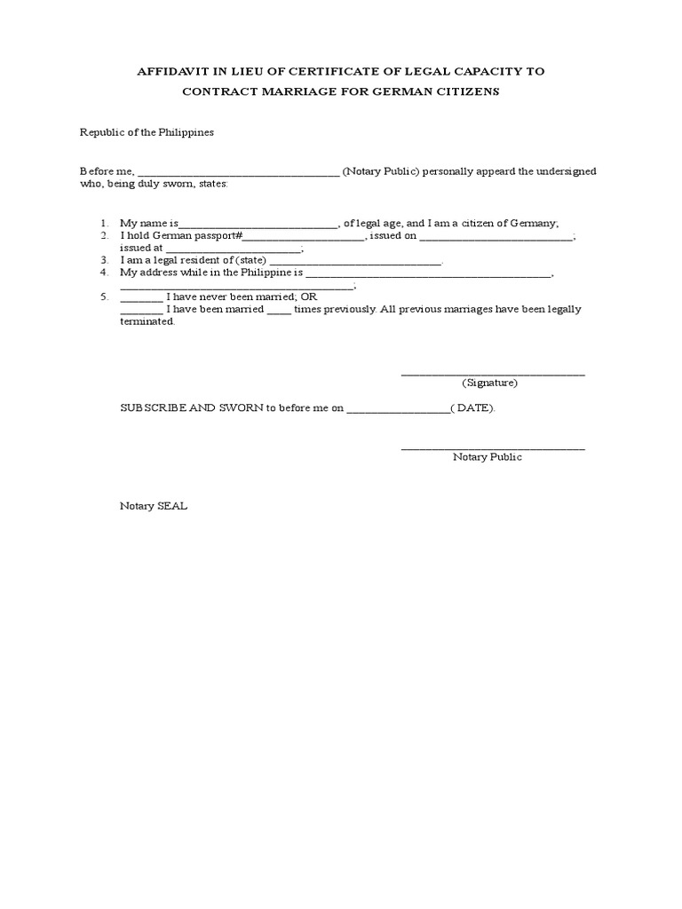 Affidavit in Lieu of Certificate of Legal Capacity To | PDF | Marriage ...