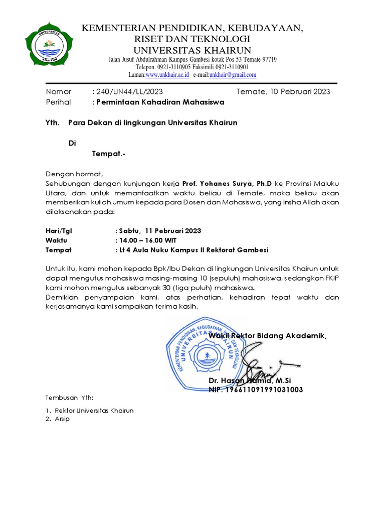 SURAT UNDANGAN KULIAH UMUM PROF YOHANES SURYA-PARA DEKAN OK | PDF