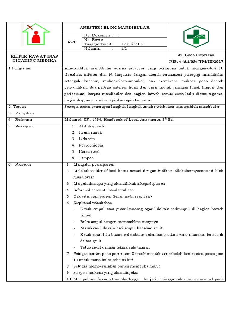 sop anastesi infiltrasi blok mandibula | PDF
