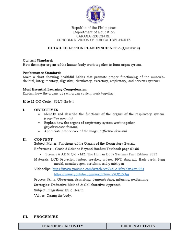 Grade 6 Respiratory System Lesson Plan | PDF | Respiratory Tract ...
