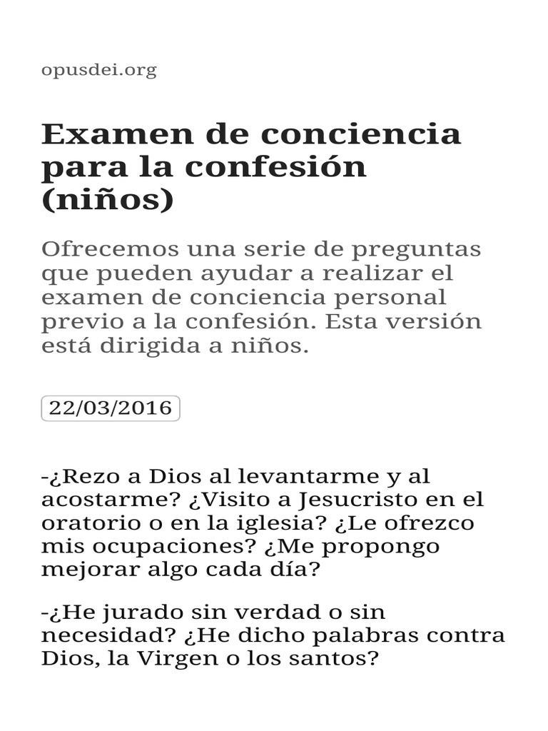 Examen de Conciencia para La Confesion Ninos | PDF | Estilo de vida