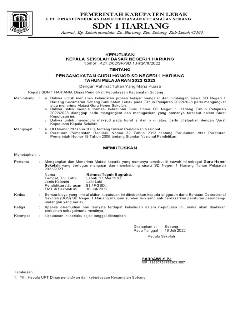 Contoh SK Guru Honor | PDF