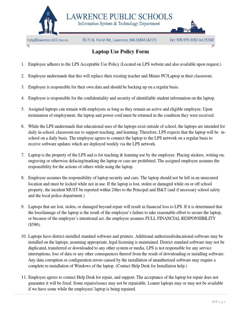 Laptop Use Policy Form | PDF | Laptop | Employment
