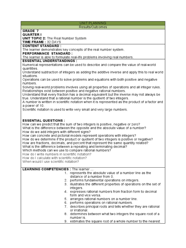Grade 7 Math: Real Number System Unit | PDF | Numbers | Rational Number