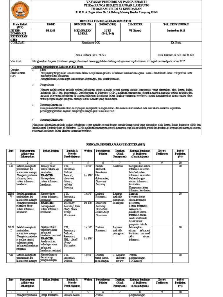 RPS MK Sistem Informasi Kesehatan (SIK) Ok | PDF