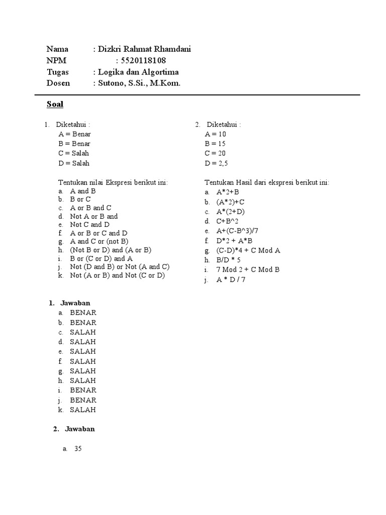 Tugas 1 Logika Dan Algortima | PDF