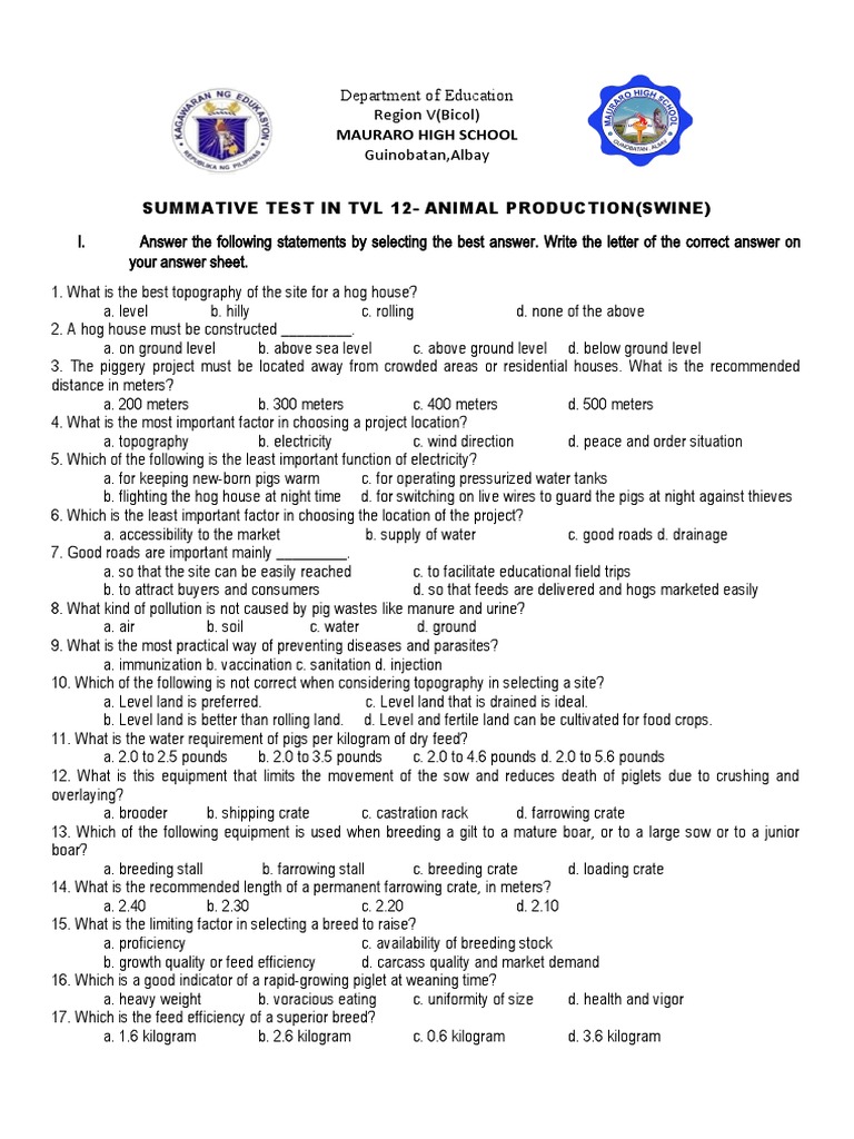 Summative Test in TVL 12-Animal Production (Swine) | PDF | Pig | Vitamin