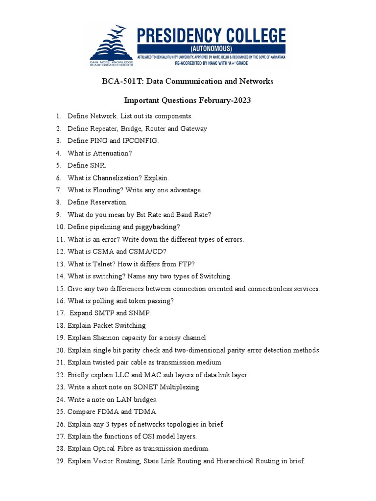 BCA V DCN Imp Quesstions 2023 | PDF