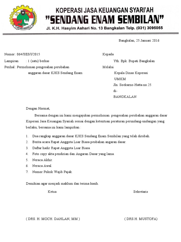 Surat Permohonan Pengesahan Perubahan Adrt | PDF