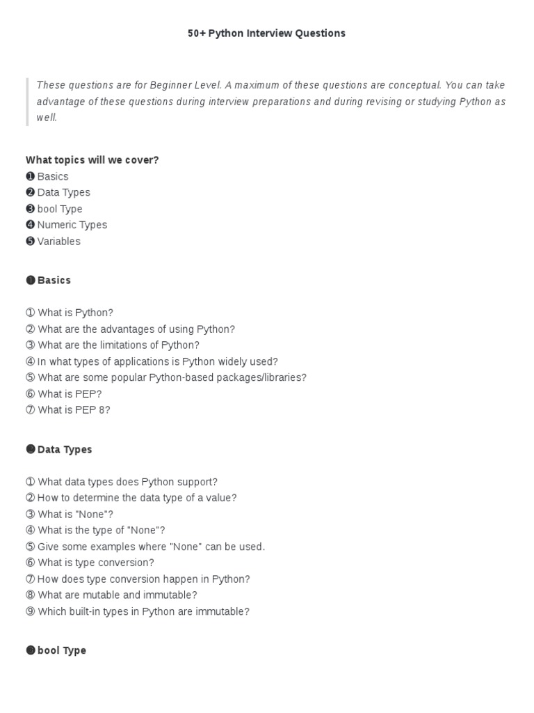 50 Python Interview Questions 27vnkEJs | PDF | Boolean Data Type | Data ...
