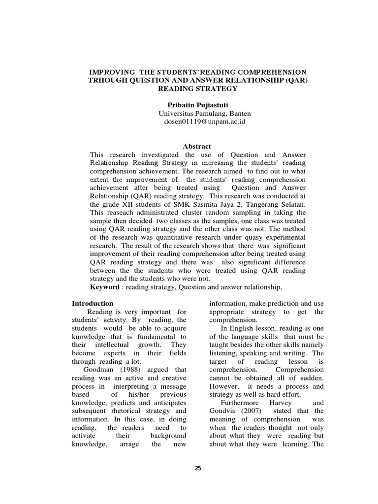 Analyzing the Impact of the Question and Answer Relationship (QAR) Reading Strategy on Improving ...
