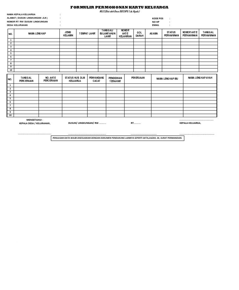 Formulir Permohonan Kartu Keluarga | PDF