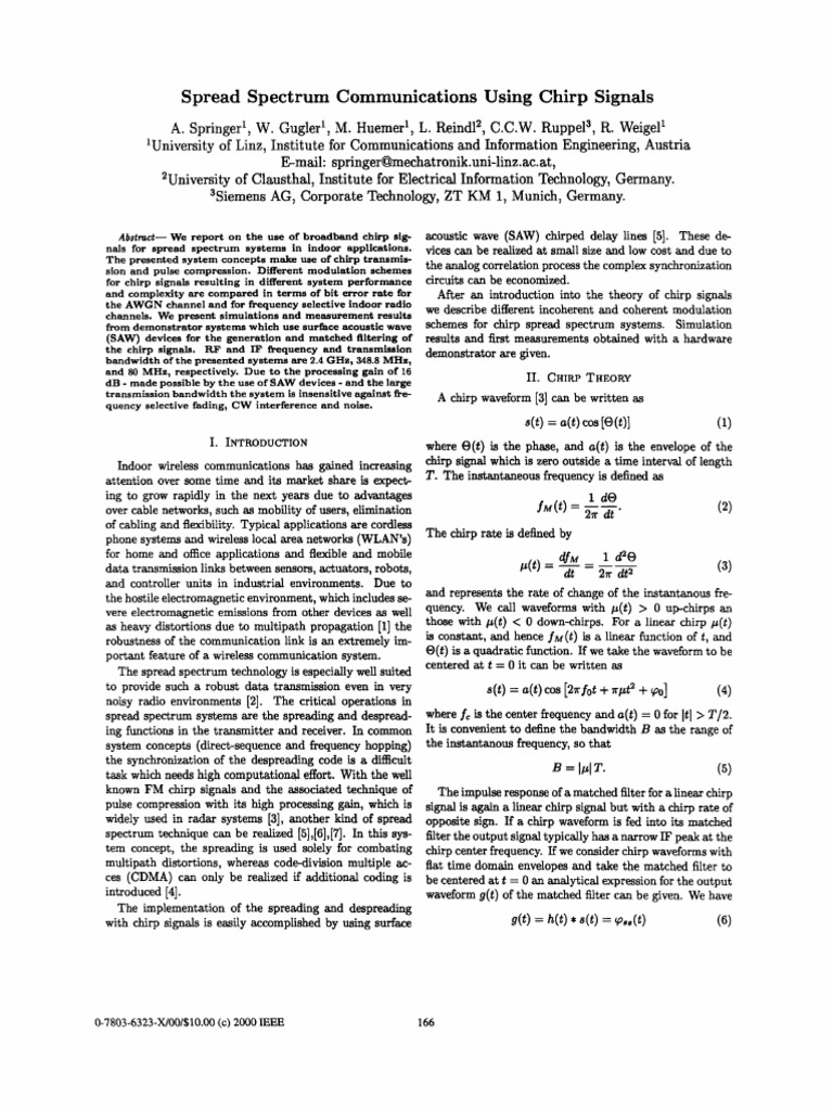 Spread Spectrum Communications Using Chirp Signals | PDF | Modulation | Filter (Signal Processing)