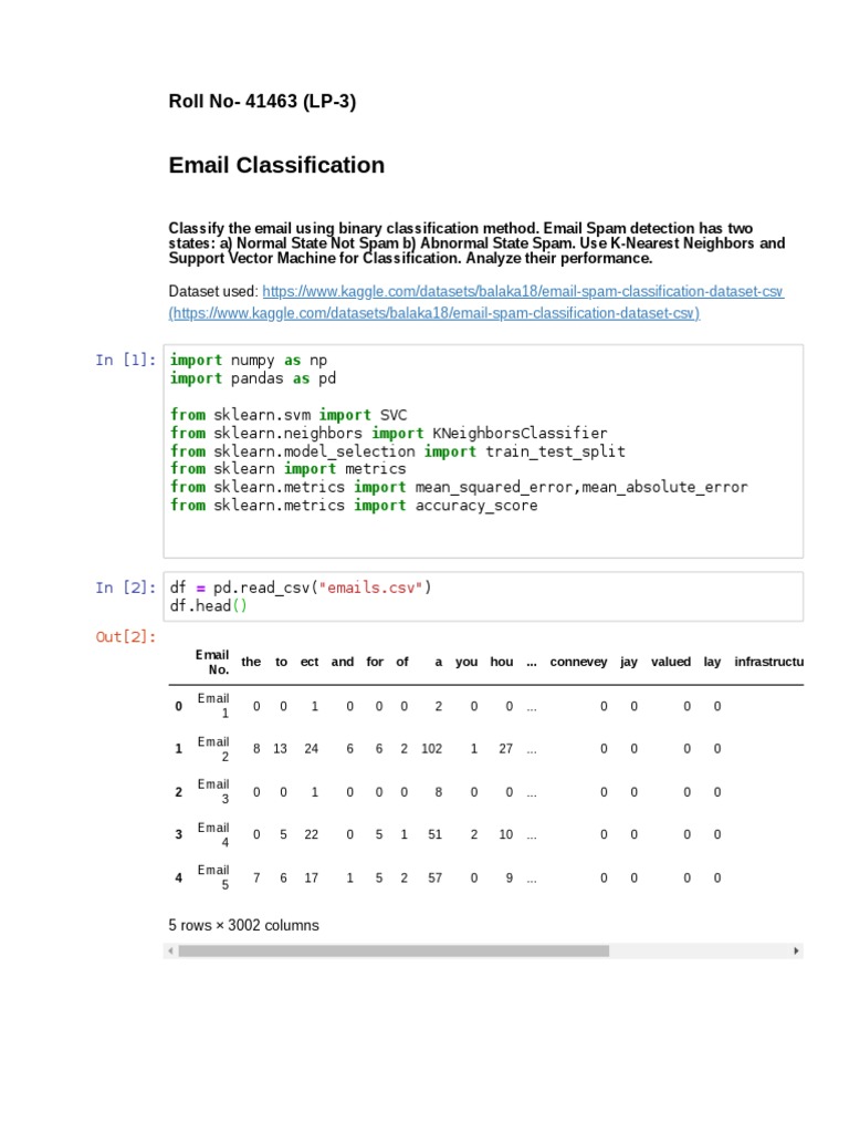 Email Classification: Roll No-41463 (LP-3) | PDF | Statistical Classification | Mean Squared Error