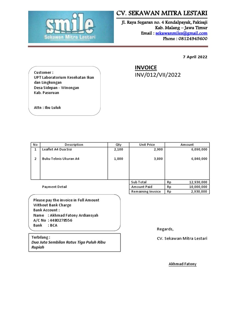 Contoh Invoice CV. Sekawan Mitra Lestari | PDF