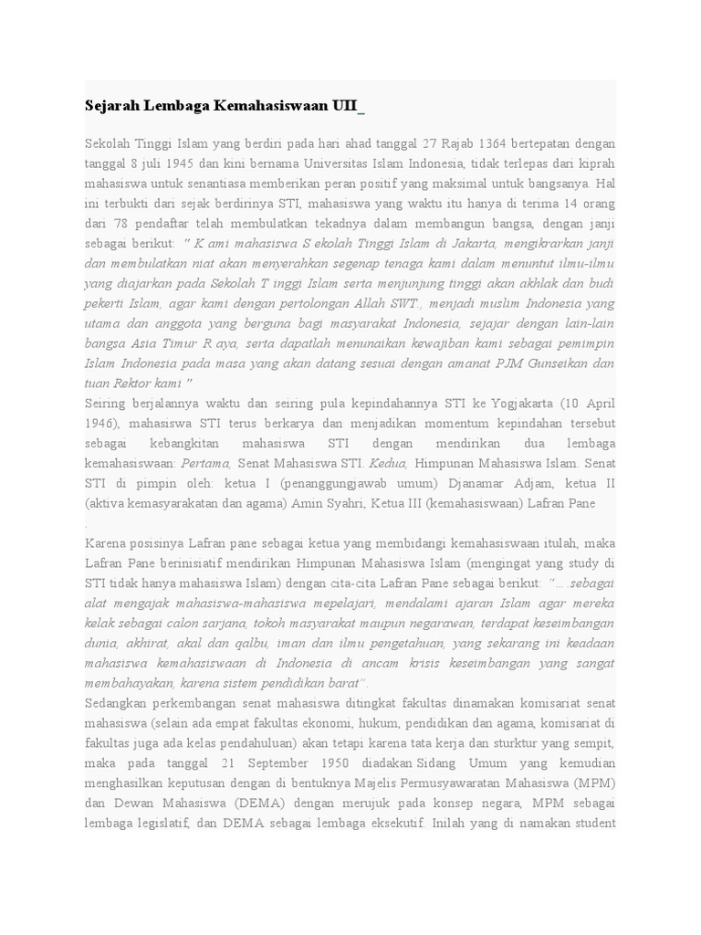 Sejarah Lembaga Kemahasiswaan UII | PDF