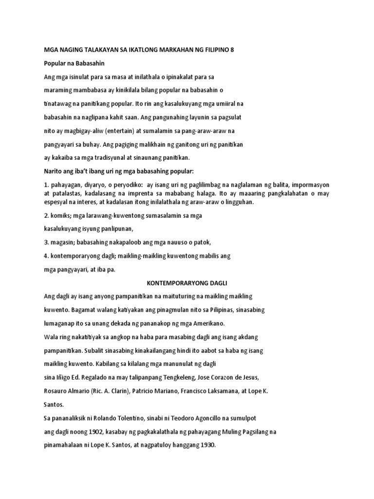 Mga Naging Talakayan Sa Ikatlong Markahan | PDF