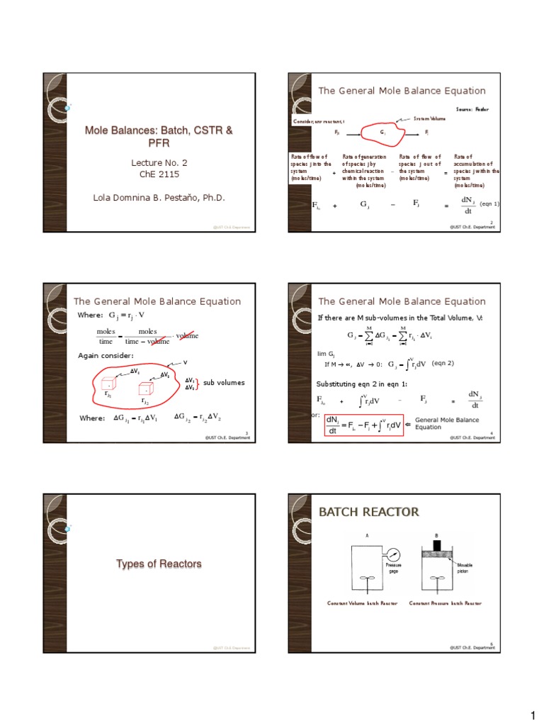 Lecture 2 - Mole Balances Batch, CSTR, PFR PDF | PDF | Chemical Reactor ...