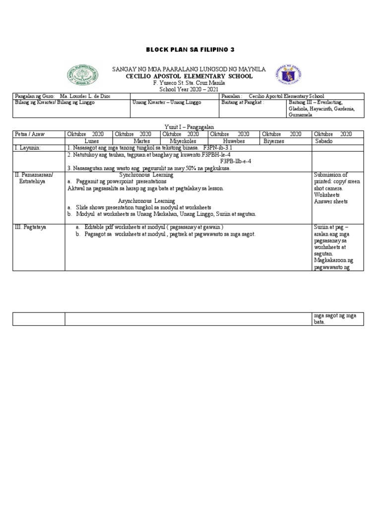 BLOCK PLAN SA FILIPINO 3, ESP 3, MAPEH 3 1st WK And2nd Week | PDF