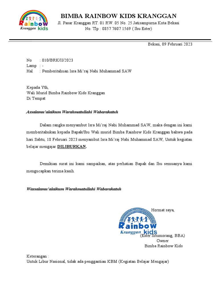 Surat Pemberitahuan Libur Isra Miraj 2023 | PDF