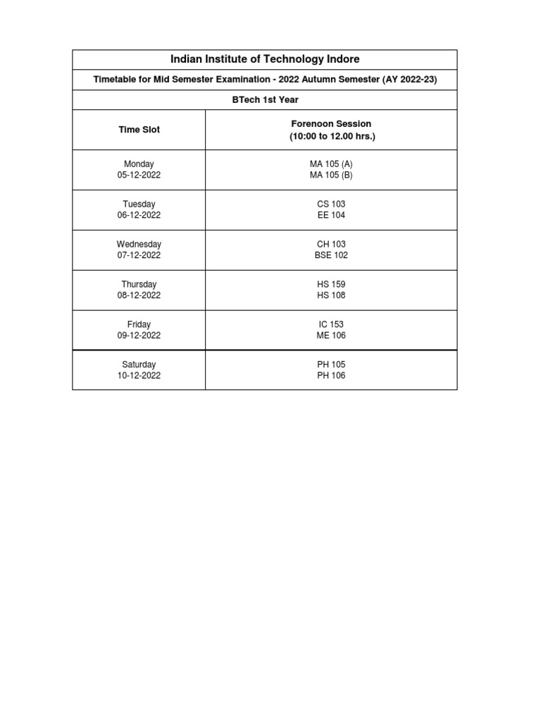 Timetable For Mid Semester Examination - 2022 Autumn Semester - BTech 1st Year (AY 2022-23) PDF ...