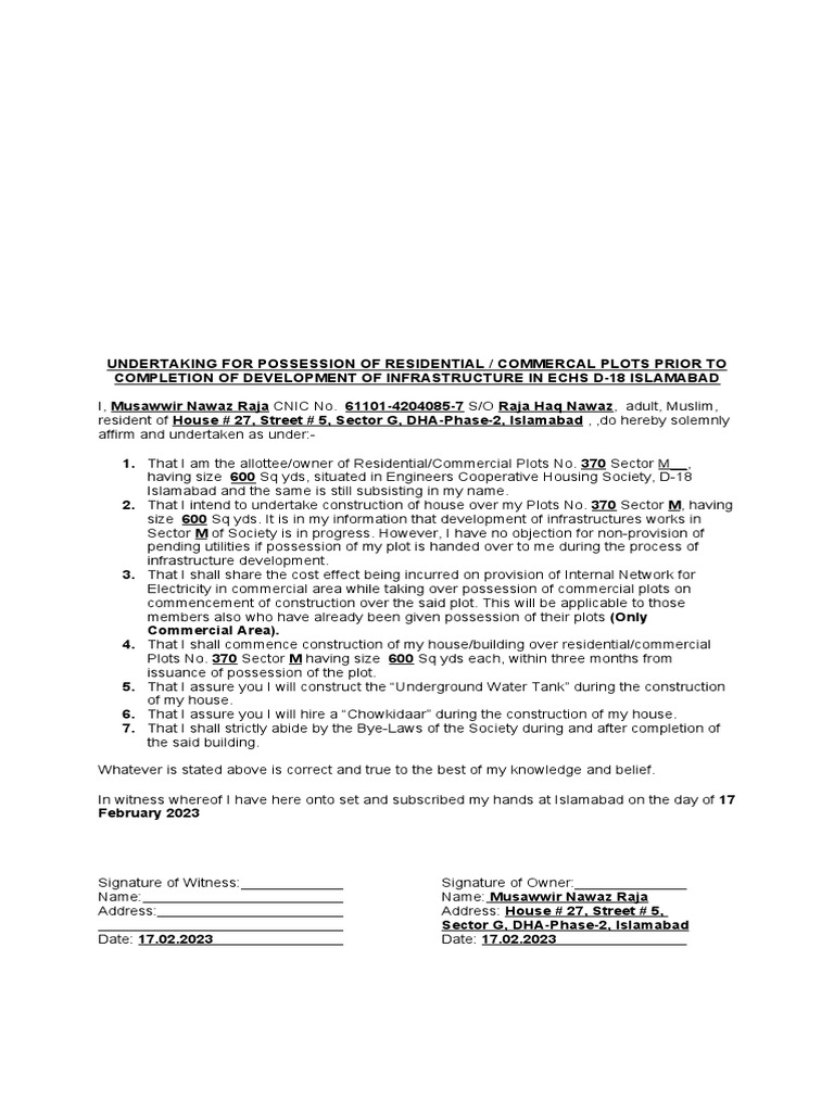 Undertaking For Possession of Residential | PDF | Justice | Crime & Violence
