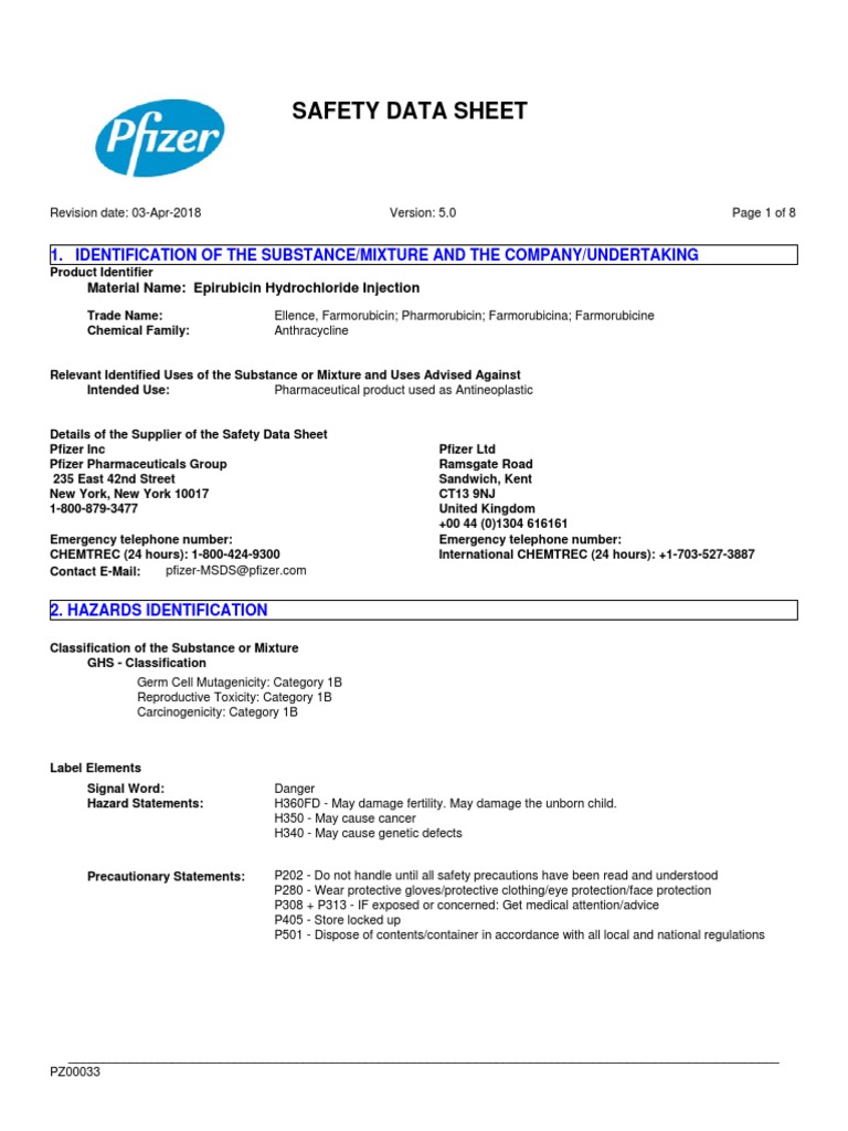 Safety Data Sheet for Epirubicin Hydrochloride Injection | PDF | Toxicity | Personal Protective ...