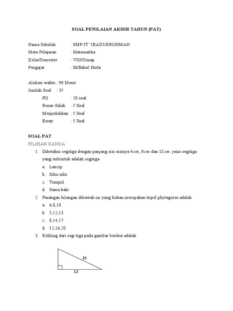 Soal PAT Matematika Kelas VIII | PDF