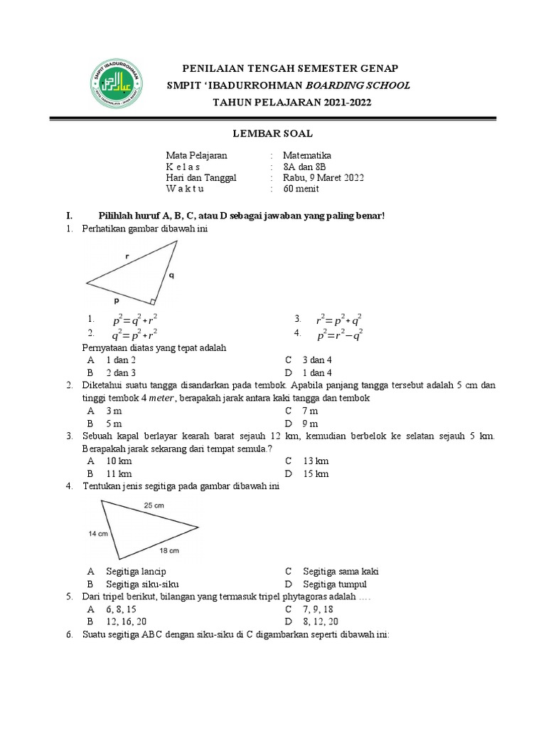 Soal Ujian Matematika Kelas 8 SMPIT | PDF | Sains & Matematika