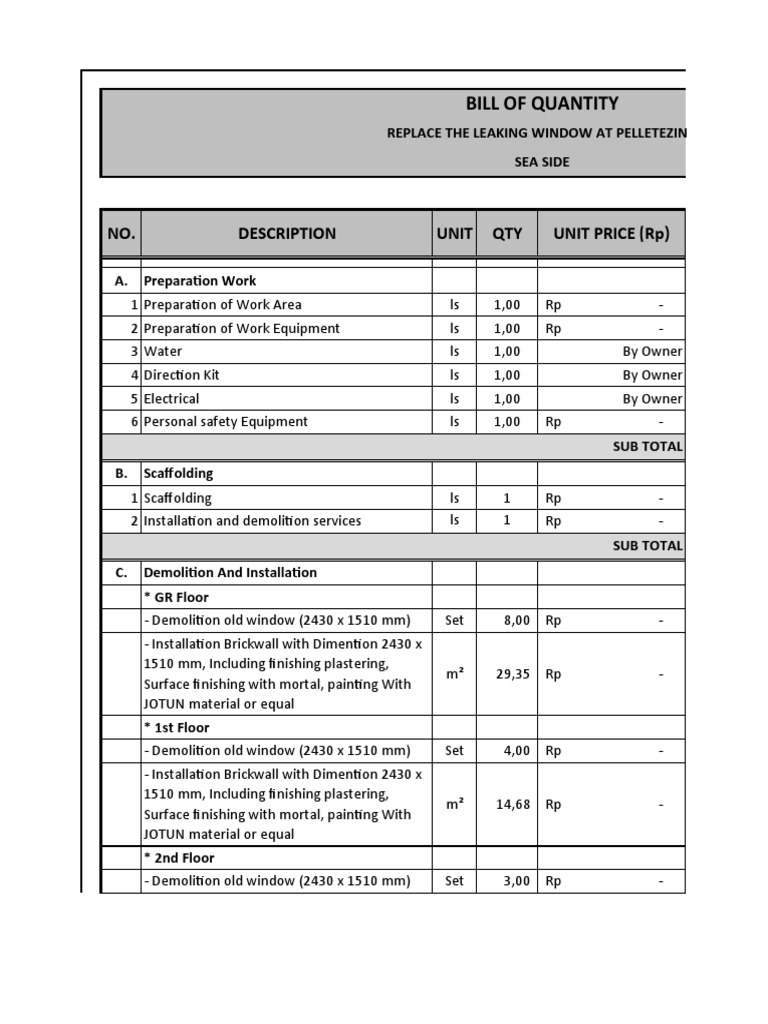 BOQ Pekerjaan Jendela Pelletezing | PDF