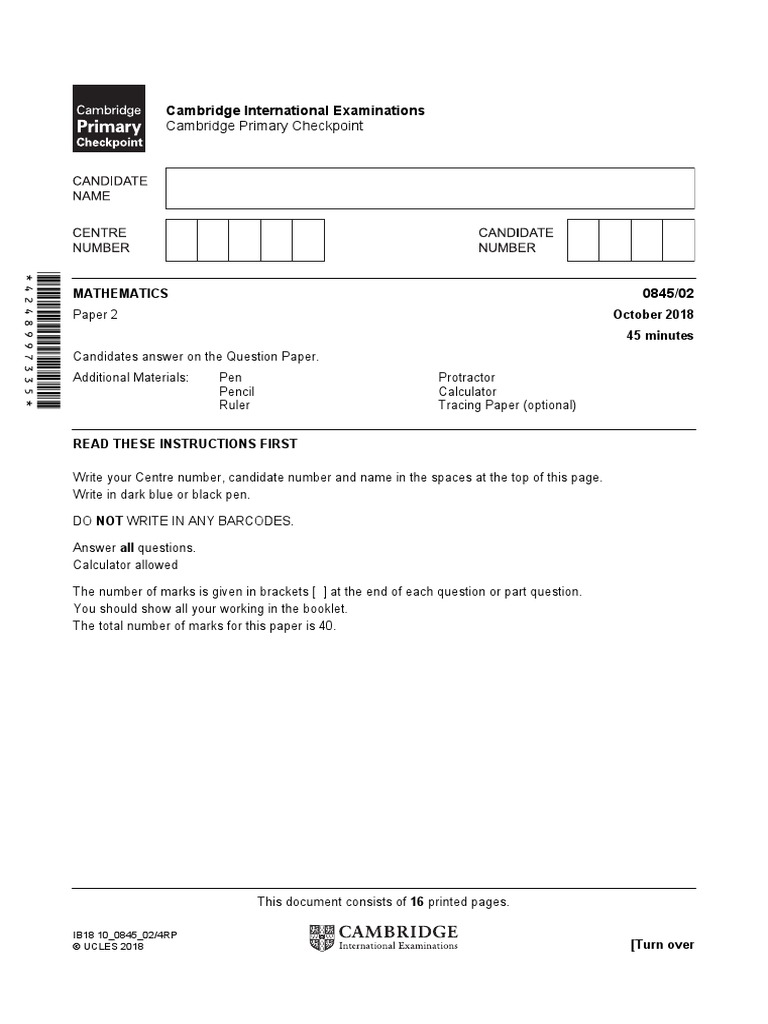 Cambridge Primary Checkpoint - Mathematics (0845) October 2018 Paper 2 ...